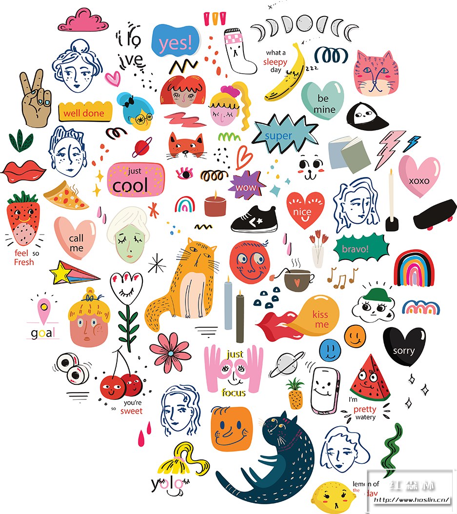 【矢量素材】105款趣味卡通可爱花式涂鸦手绘插图元素Ai矢量素材+花式字体 Fancy Doodle Illustration/Penny ...